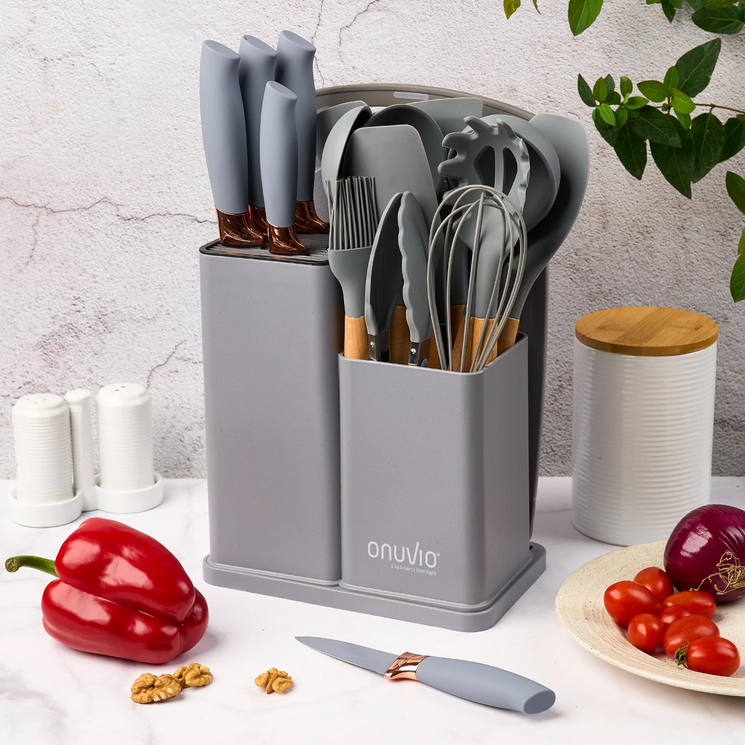 Set ustensile bucatarie 19 piese Lemn si Silicon alimentar, Cutite ...